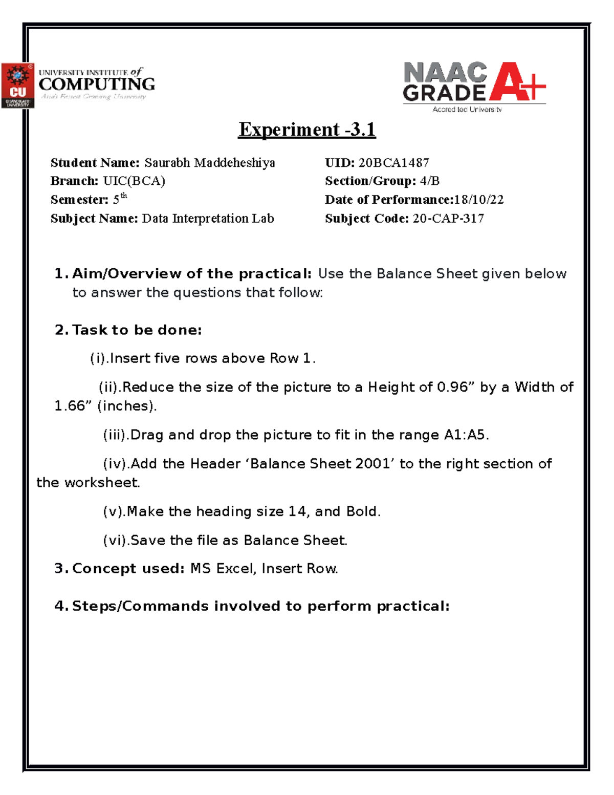 20BCA1487 Saurabh Worksheet 3 - Experiment -3. Student Name: Saurabh ...