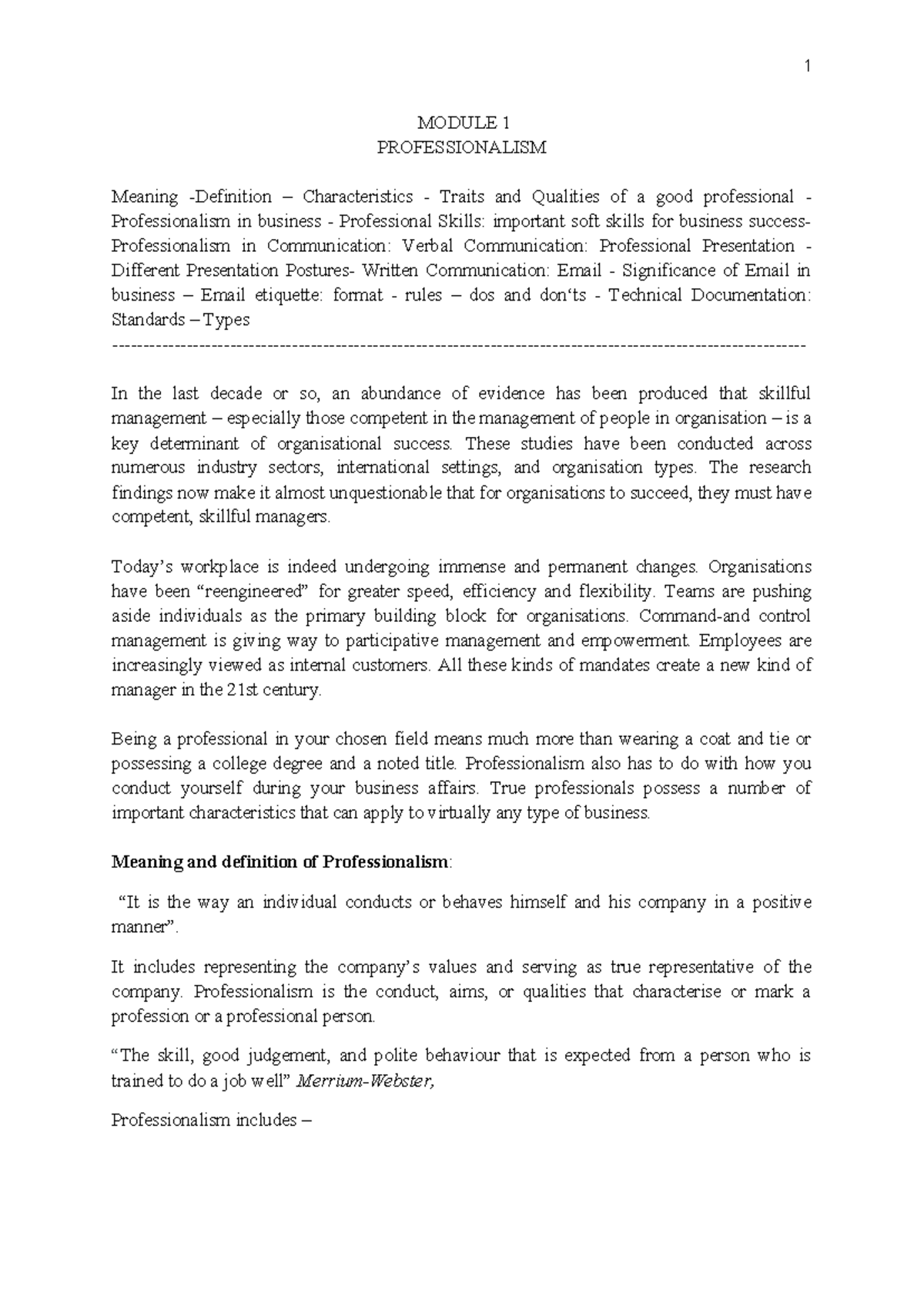 PBS Module 1 - notes - MODULE 1 PROFESSIONALISM Meaning -Definition ...