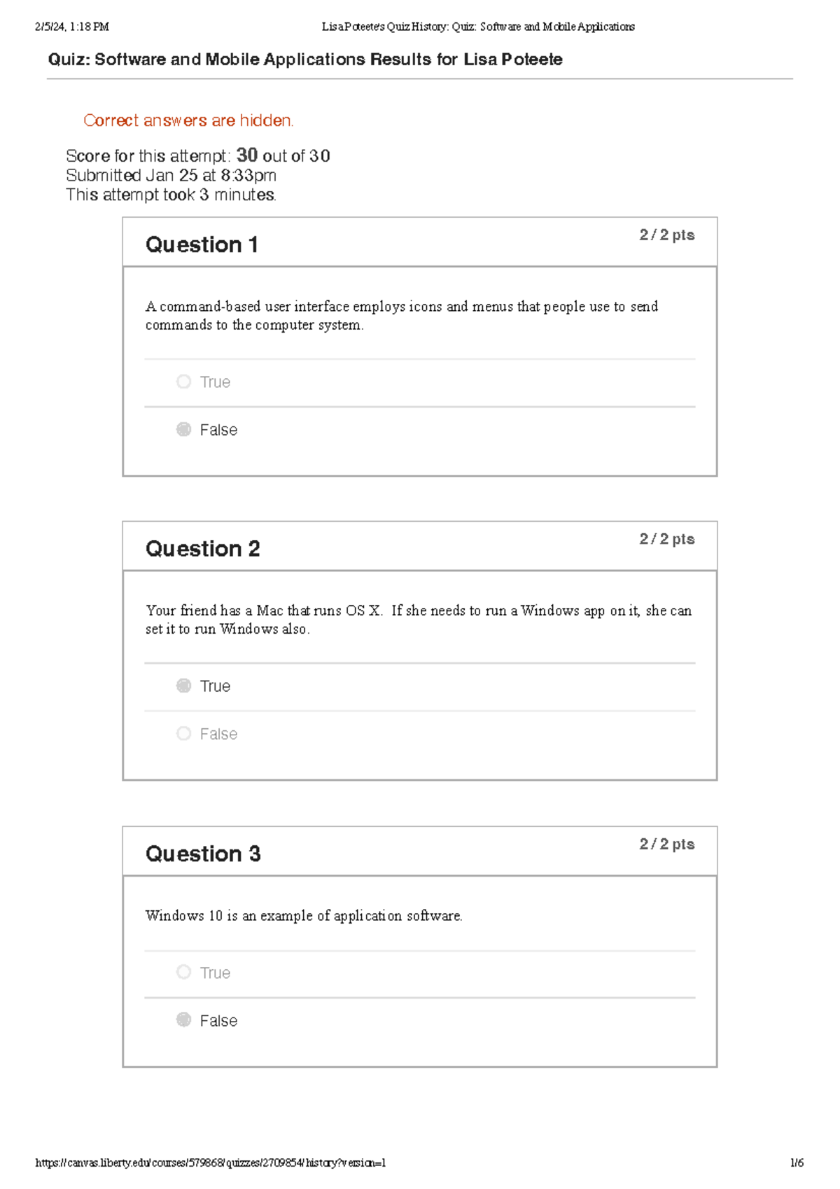 Quiz Software And Mobile Applications Score For This Attempt 30 Out Of 30 Submitted Jan 25 At