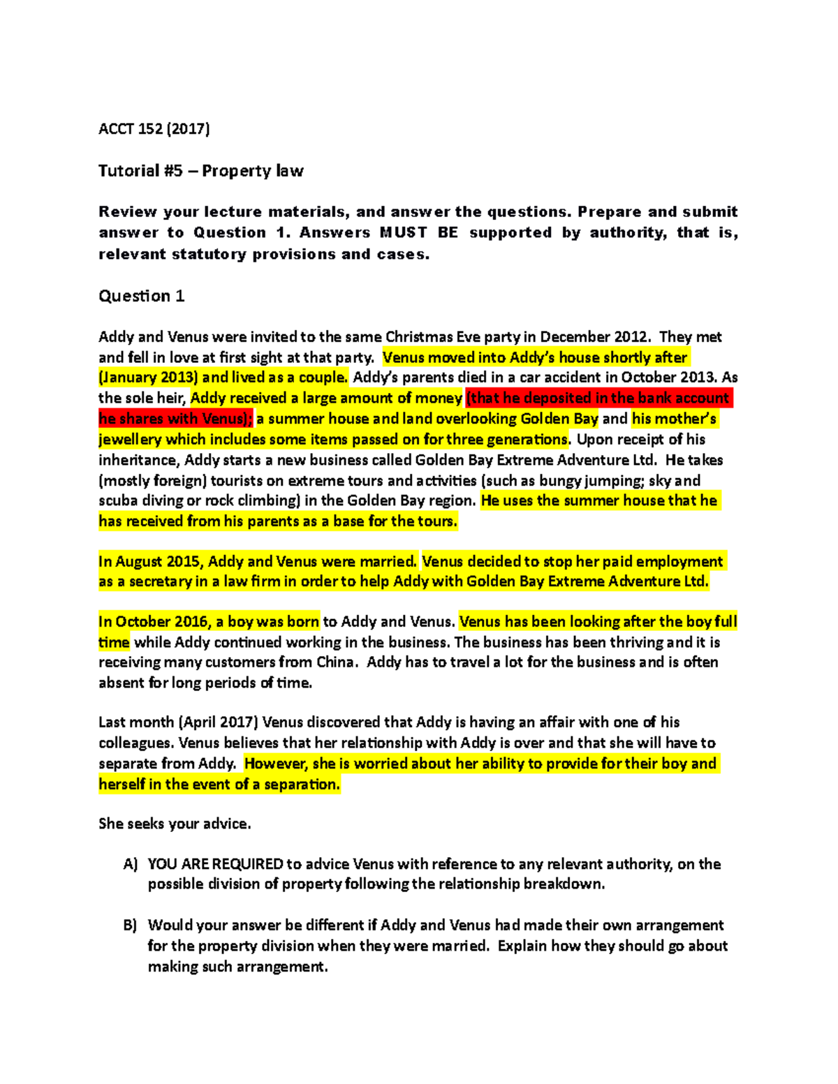 Tutorial 5 Qs - Property law - ACCT 152 (2017) Tutorial #5 – Property ...