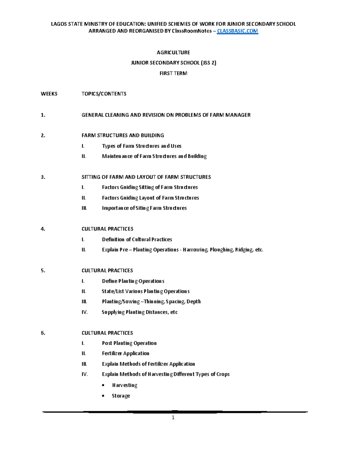 Agriculture Scheme of Work for Junior Secondary School JSS 2 - ARRANGED ...