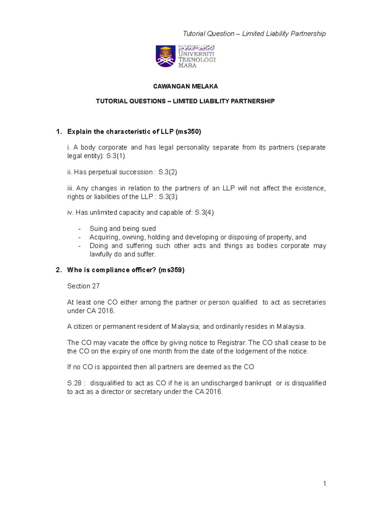 Tutorial Question - LLP - Tutorial Question – Limited Liability ...