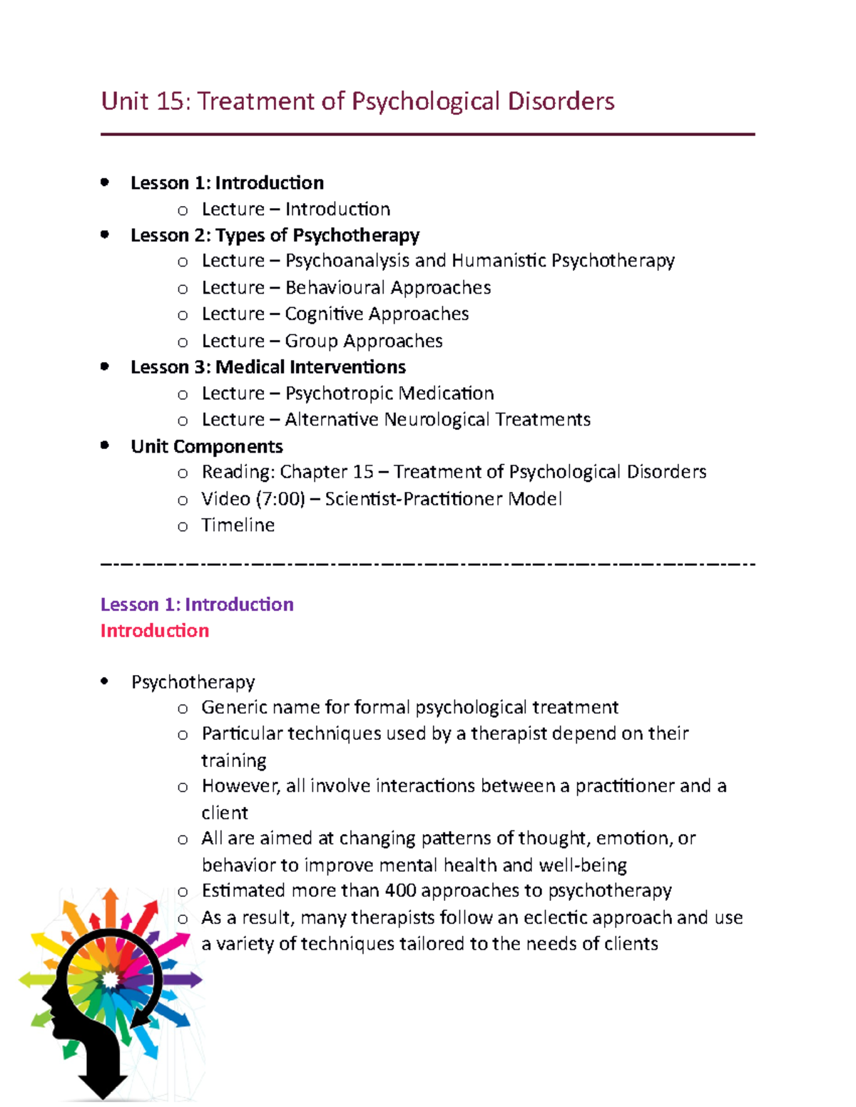 Notes (Unit 15) - Treatment of Psychological Disorders - Unit 15 ...