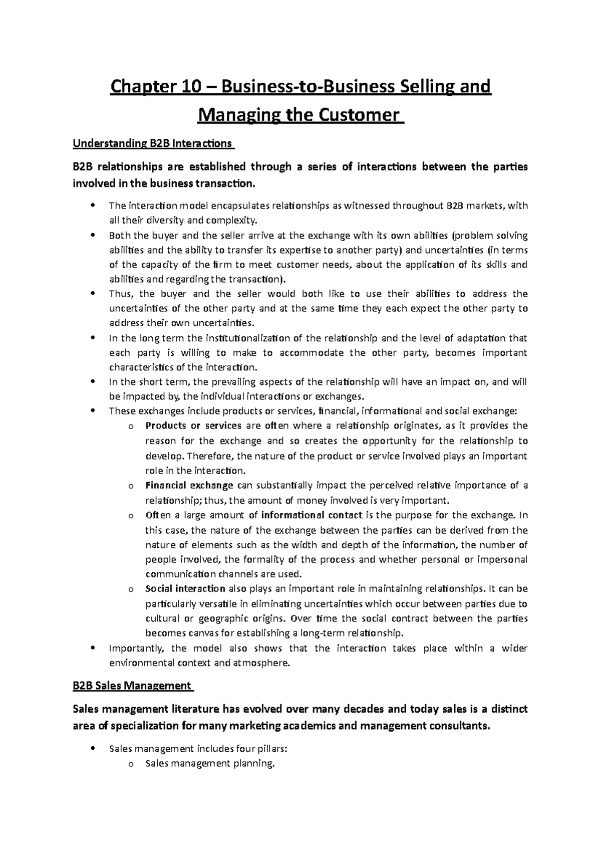 Chapter 10 - Business-to-Business Selling and Managing the Customer ...