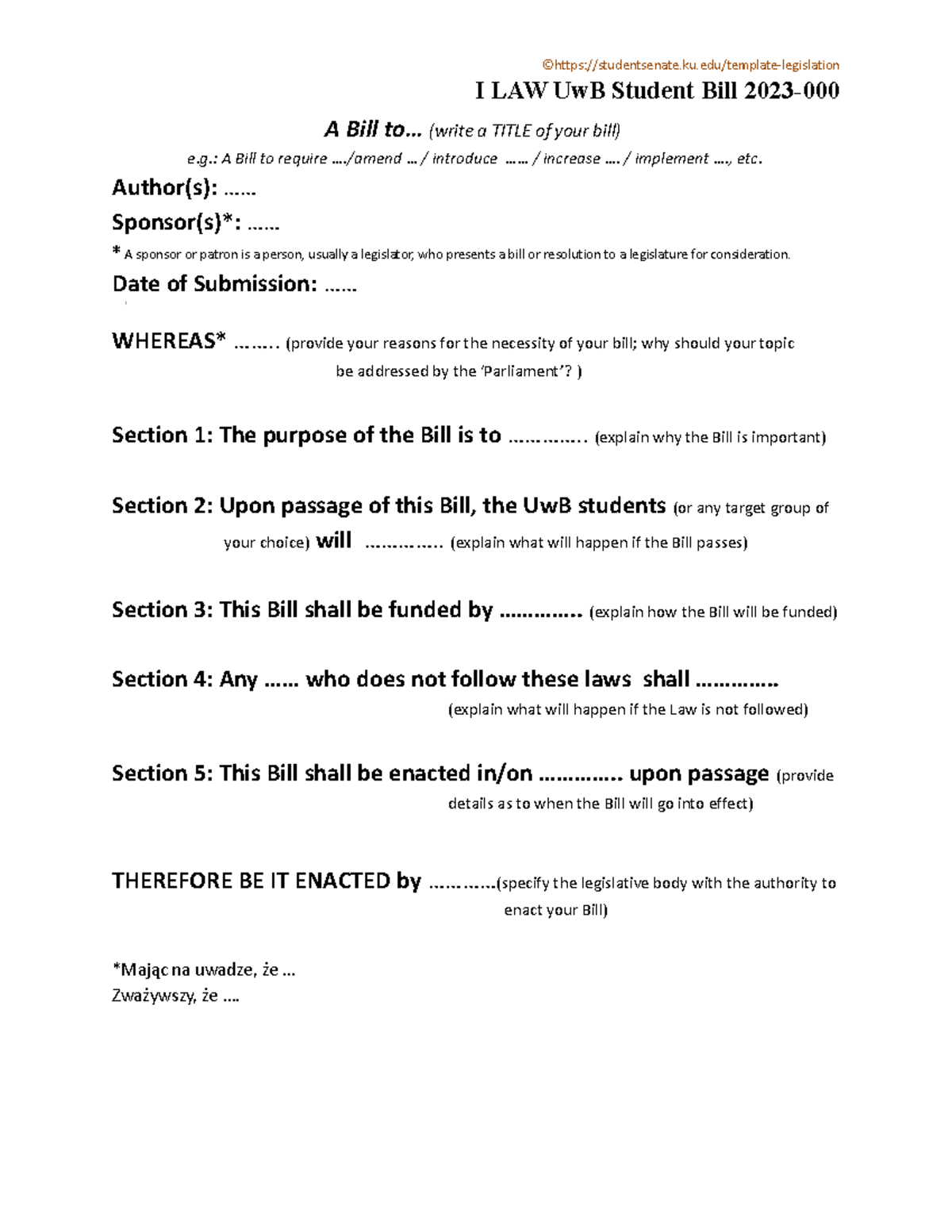 A Bill Template - jak napisać ustawę - ©studentsenate.ku/template ...