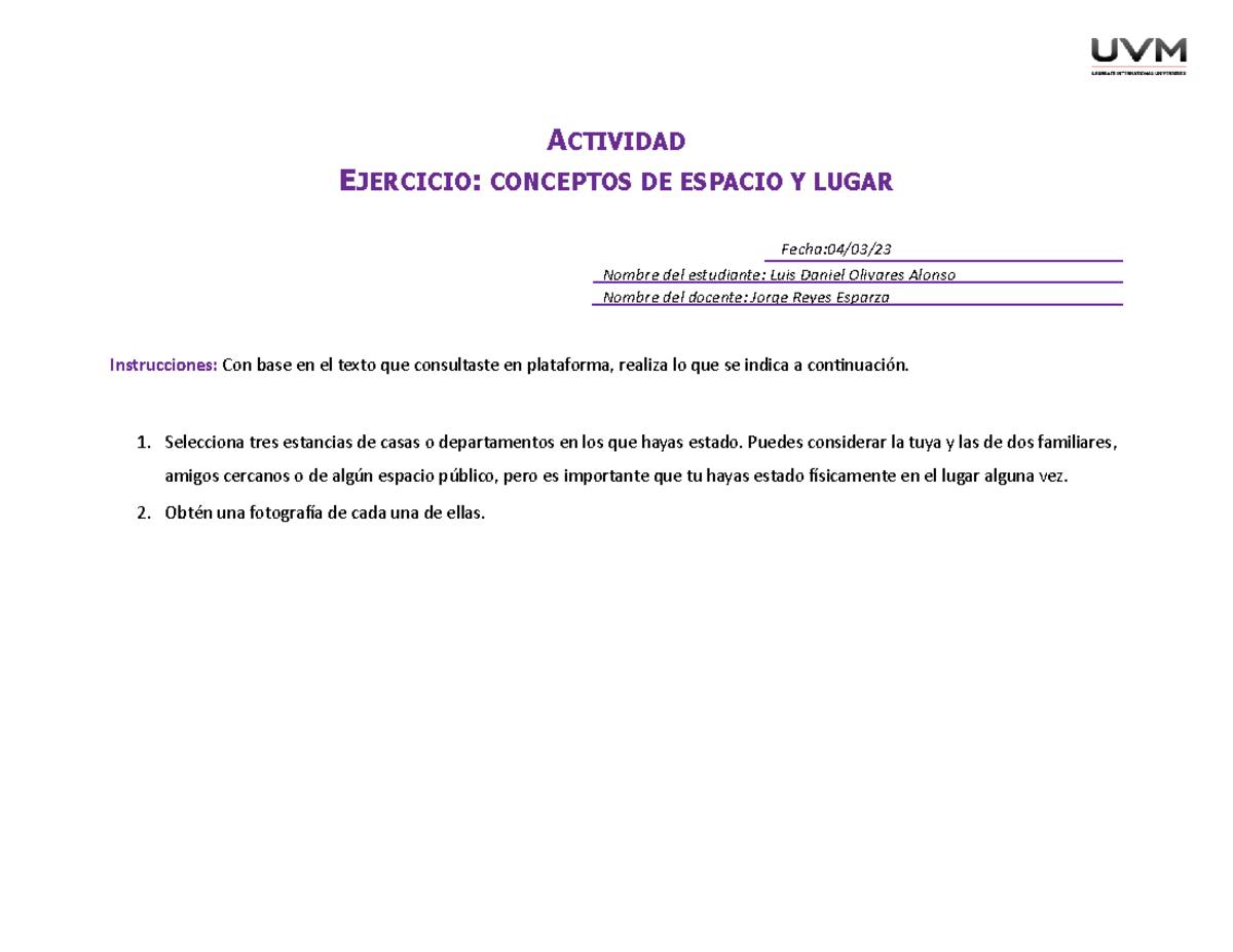 U1 Actividad 2-3 - ACTIVIDAD EJERCICIO: CONCEPTOS DE ESPACIO Y LUGAR ...
