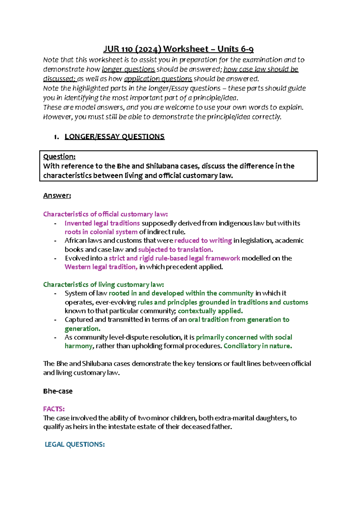 Worksheet Units 6 - 9 - JUR 110 (2024) Worksheet – Units 6- 9 Note that ...