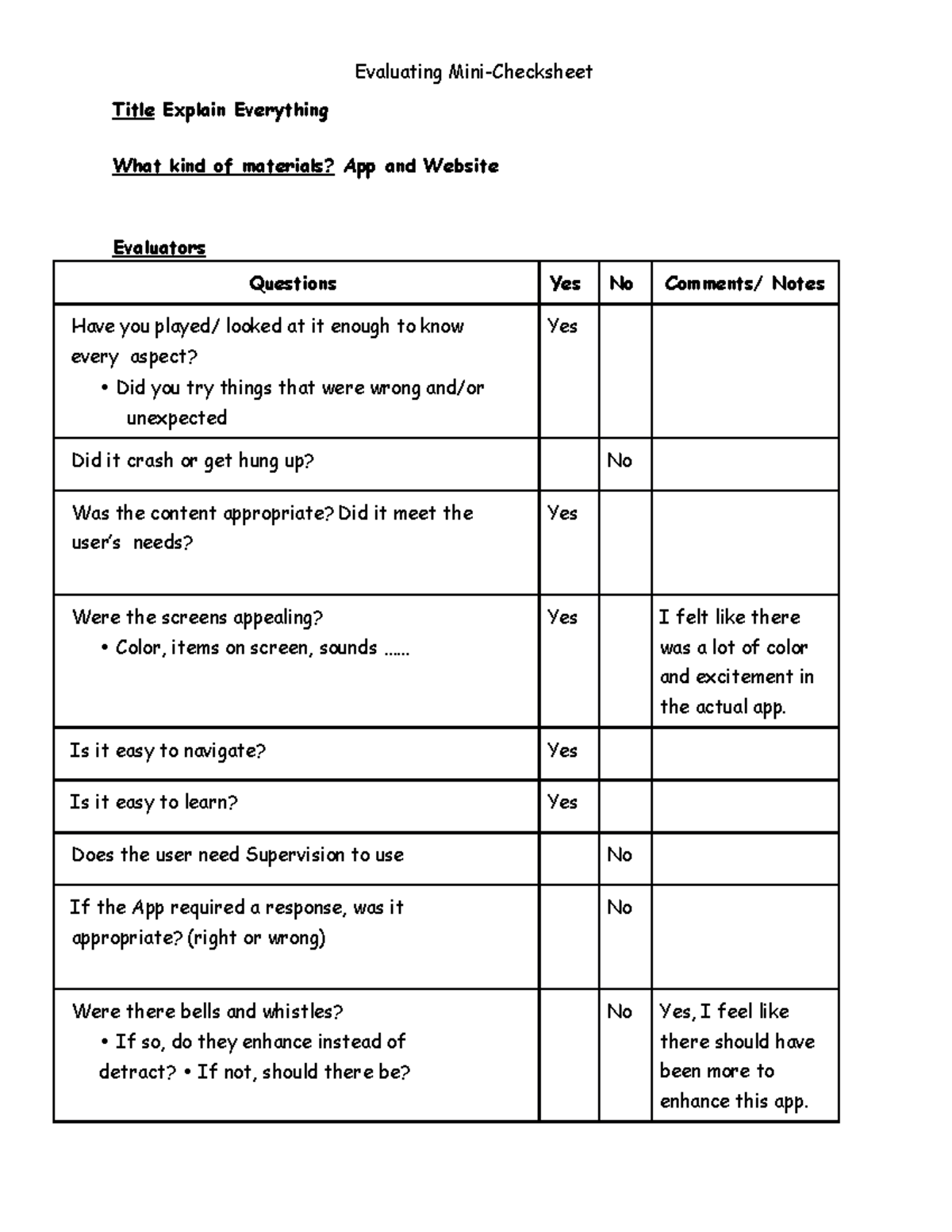 Mini Check List Explain Everything - Evaluating Mini-Checksheet Title ...