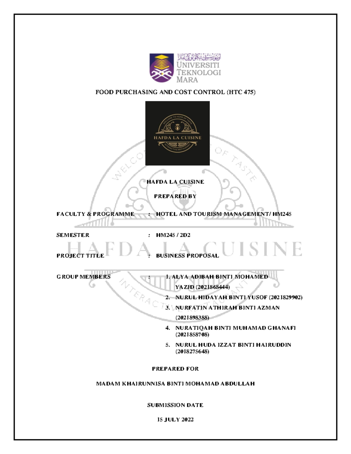 Hafda La Cuisine- HTC475 - FOOD PURCHASING AND COST CONTROL (HTC 475 ...