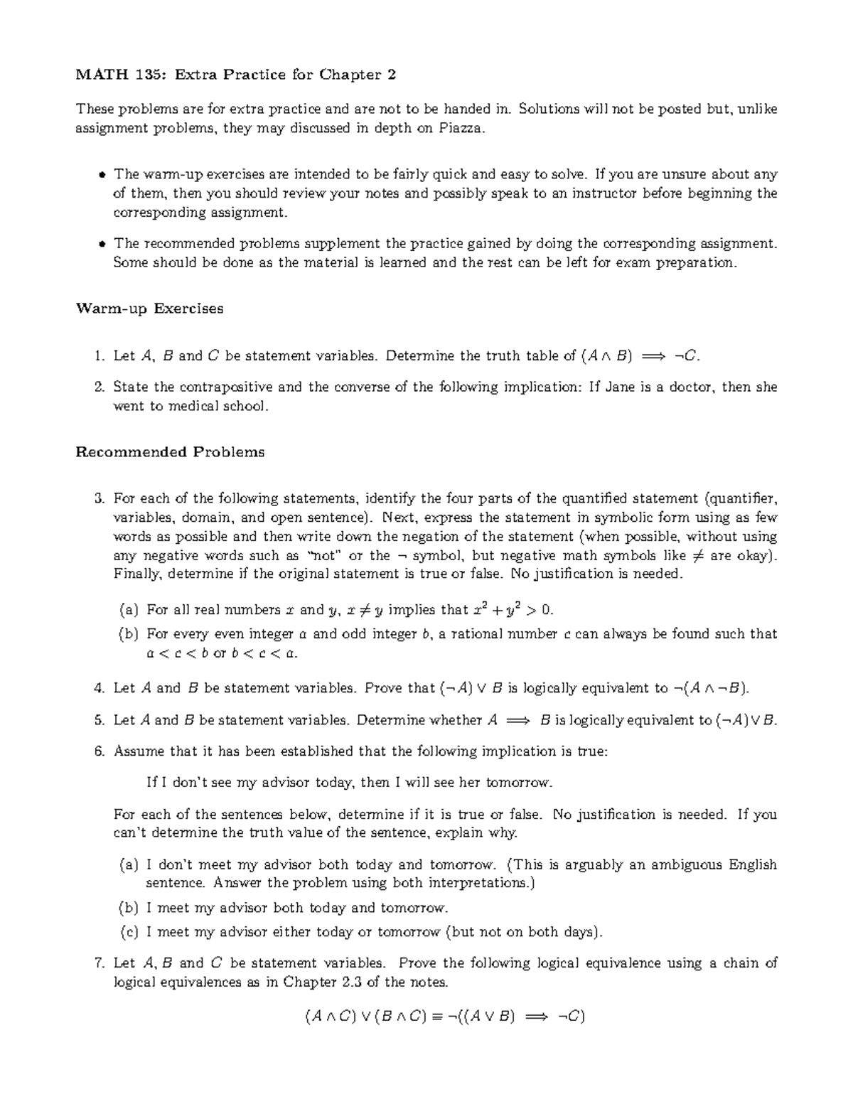 EP2 - Extra practice problem set chapter 2 - MATH 135: Extra Practice ...