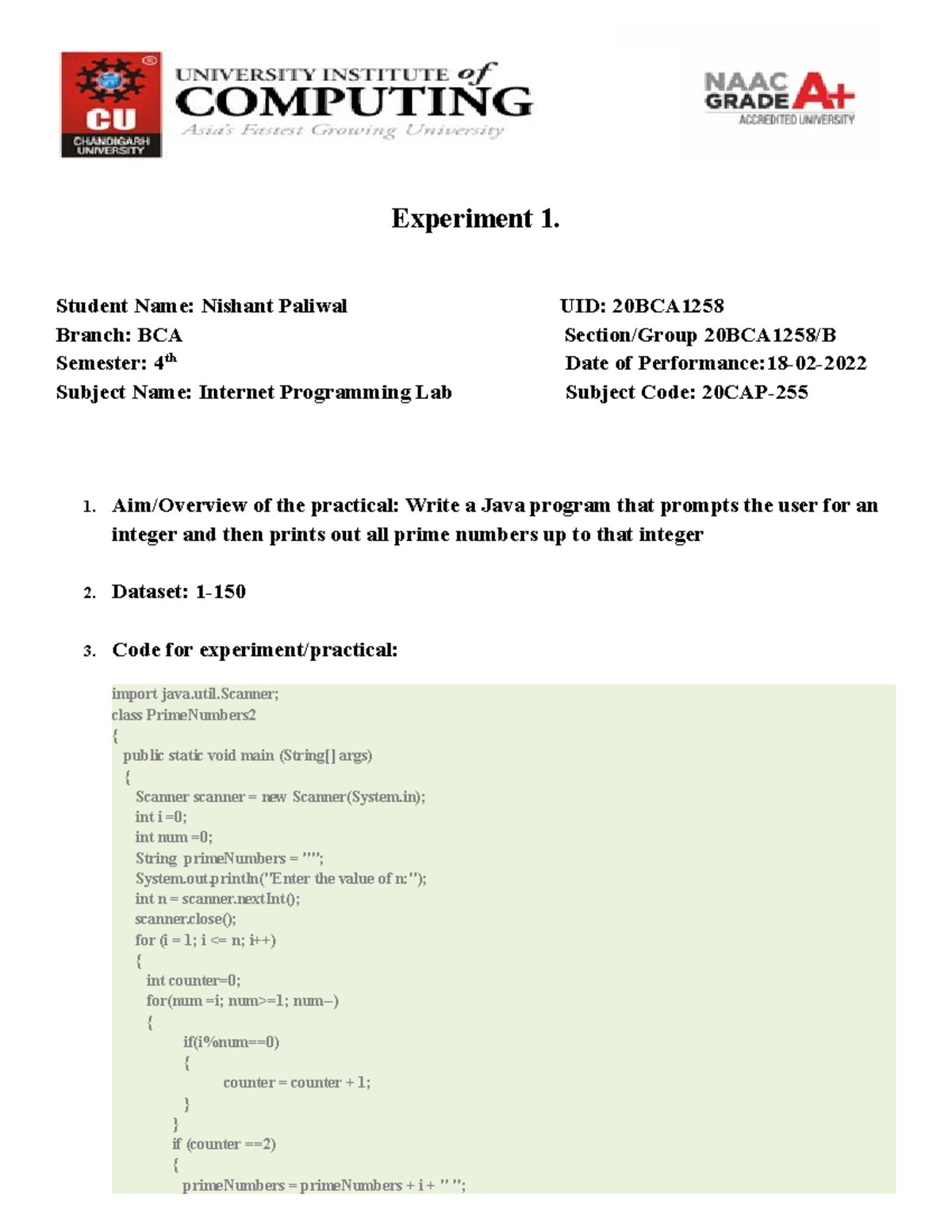 20BCA1258 Nishant Paliwal Internet Programming worksheet - 1 - Experiment 1. Student Name ...