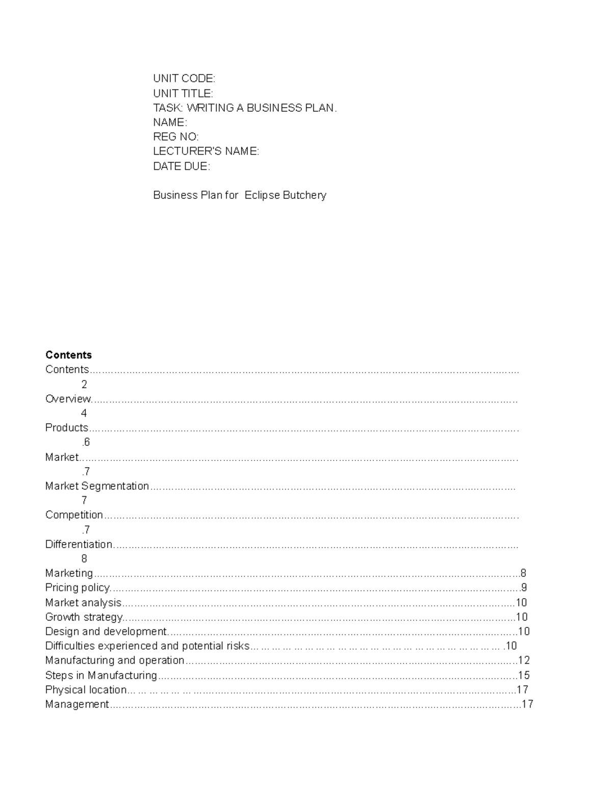 business plan assignment - UNIT CODE: UNIT TITLE: TASK: WRITING A ...