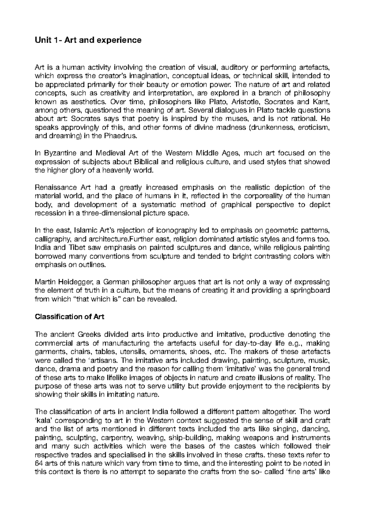 Unit 1- Art and experience - The nature of art and related concepts ...