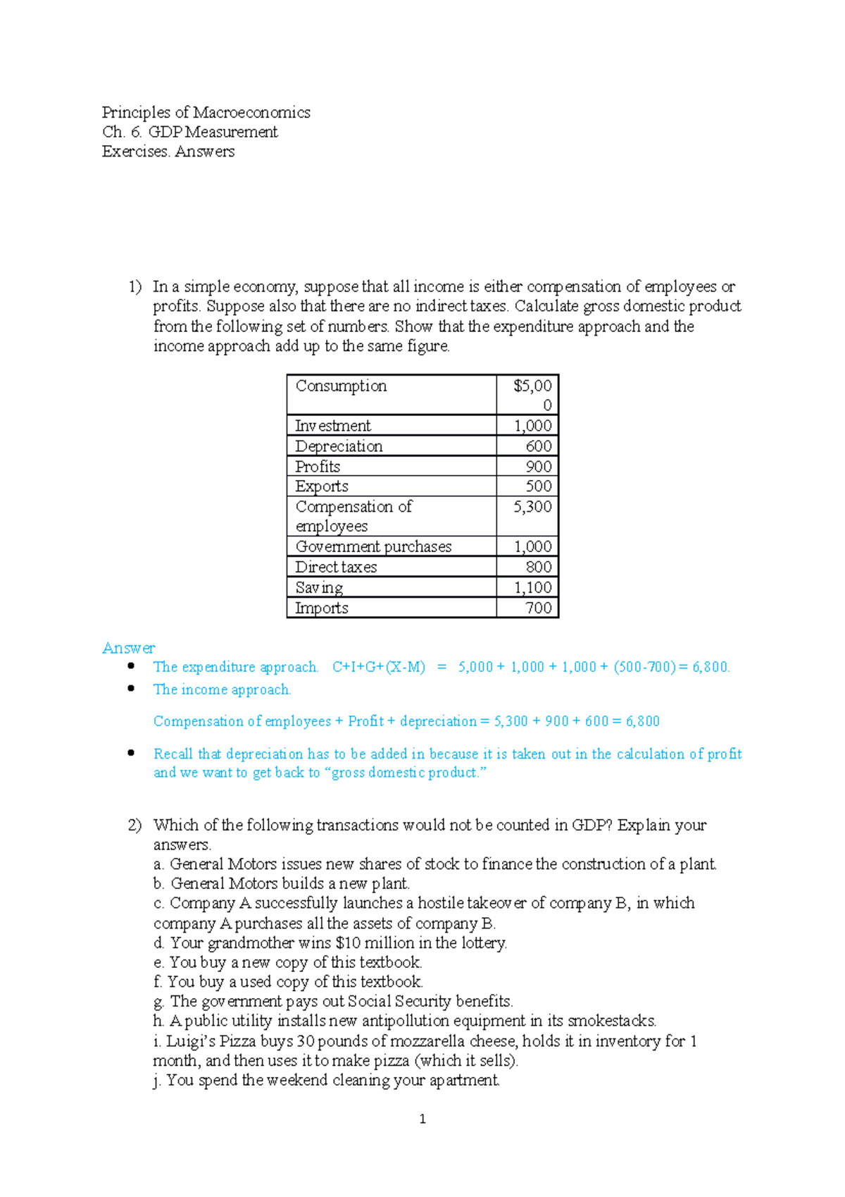 Ch. 6. Exercises. Answers. (GDP Meas) - Principles of Macroeconomics Ch. 6. GDP Measurement ...