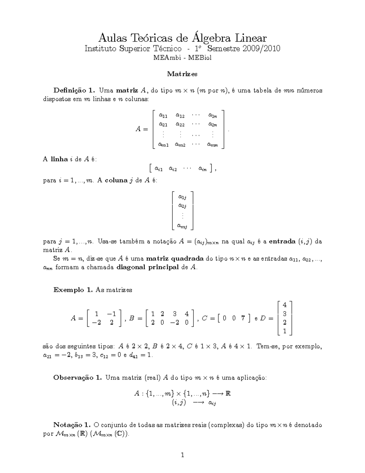 Aulas Teoricas de Algebra Linear - Aulas TeÛricas de ¡lgebra Linear Instituto Superior TÈcnico ...