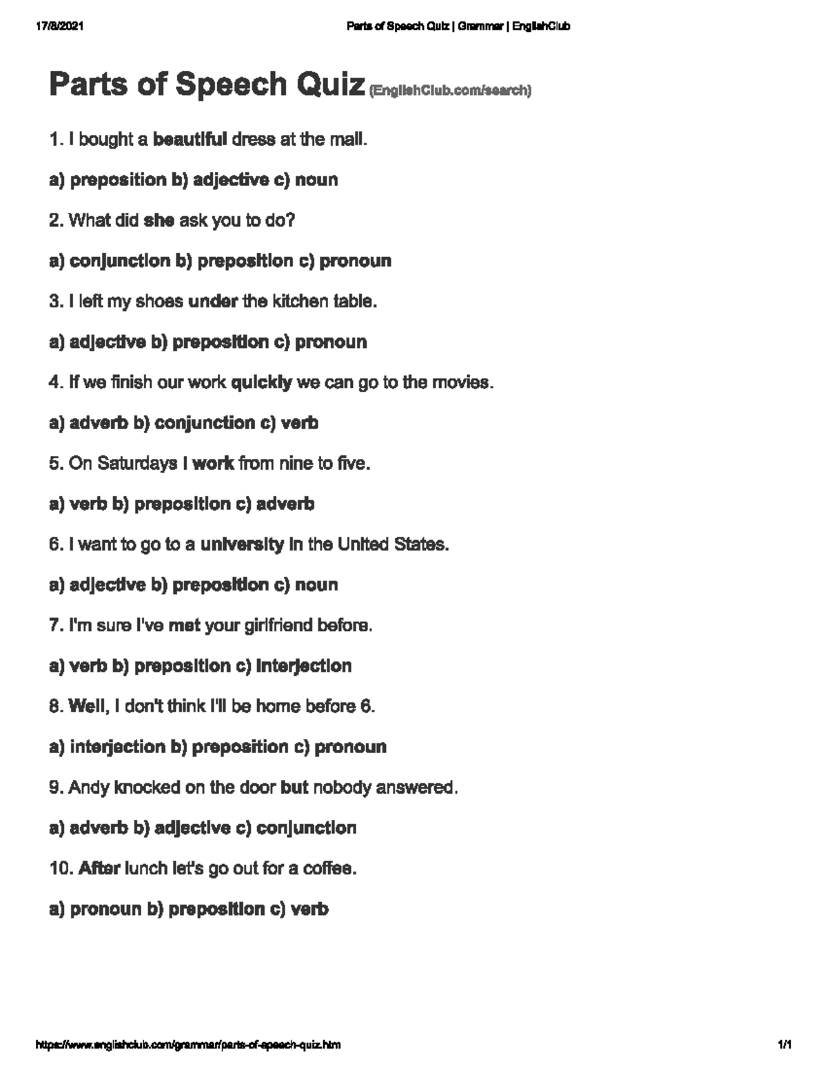 Parts of speech - Quiz - Parts of Speech Quiz I Grammar EnglishClub ...