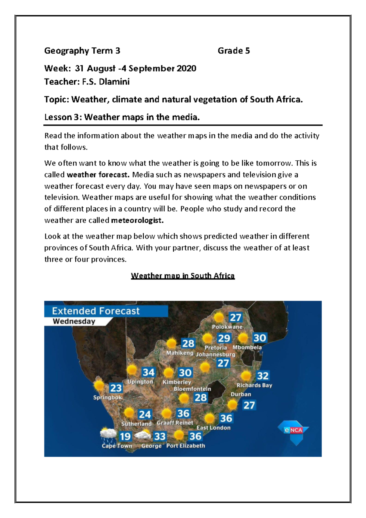 Activity 3-lesson 3-weather maps in the media - Geography Term 3 Grade ...