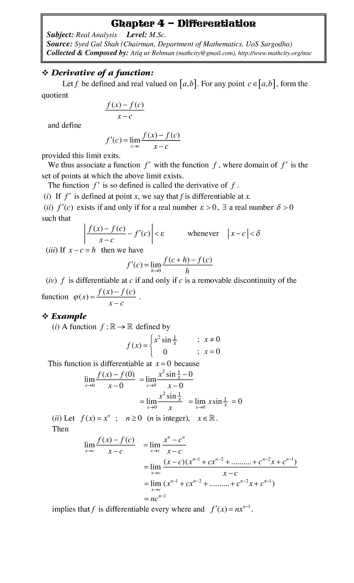Chap 04 real analysis - v Derivative of a function: Let f be defined ...