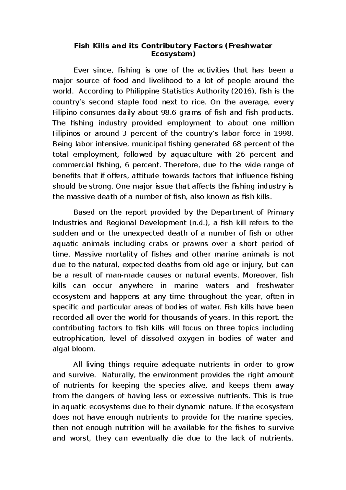 Fish Kills and its Contributory Factors - According to Philippine ...