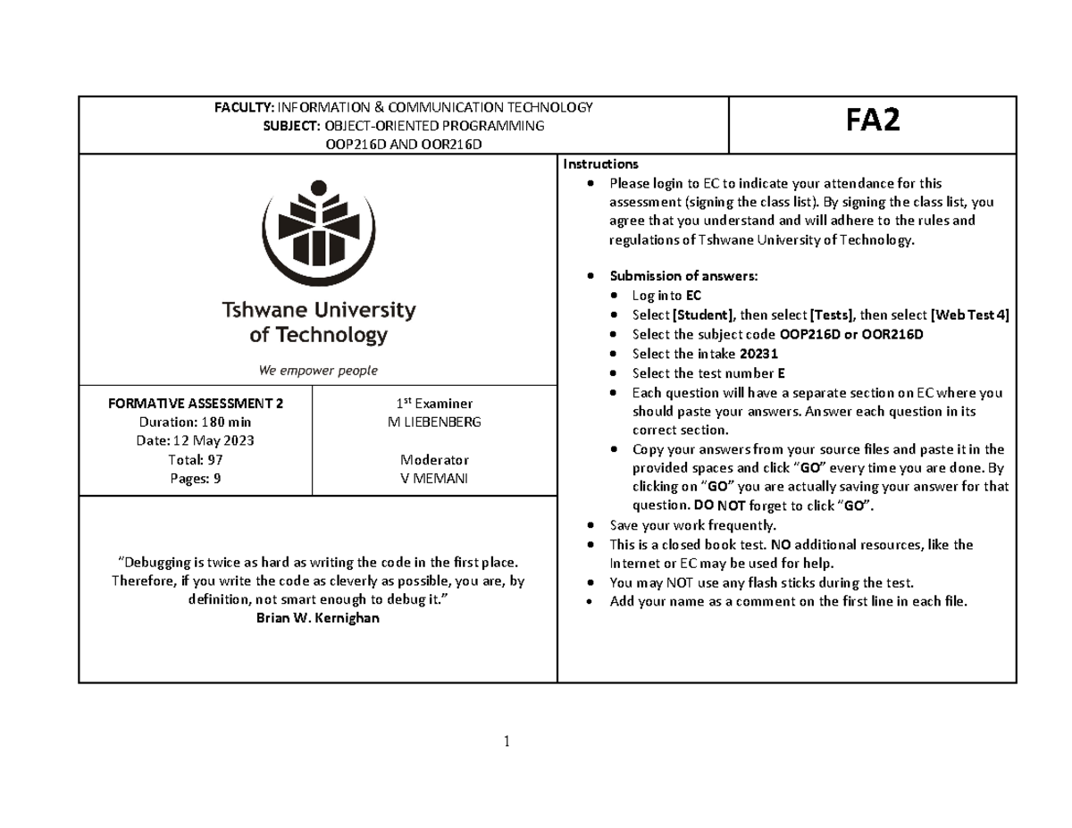 OOP216D OOR216D FA2 2023S1 Final - 1 FACULTY : INFORMATION & COMMUNICATION TECHNOLOGY SUBJECT ...