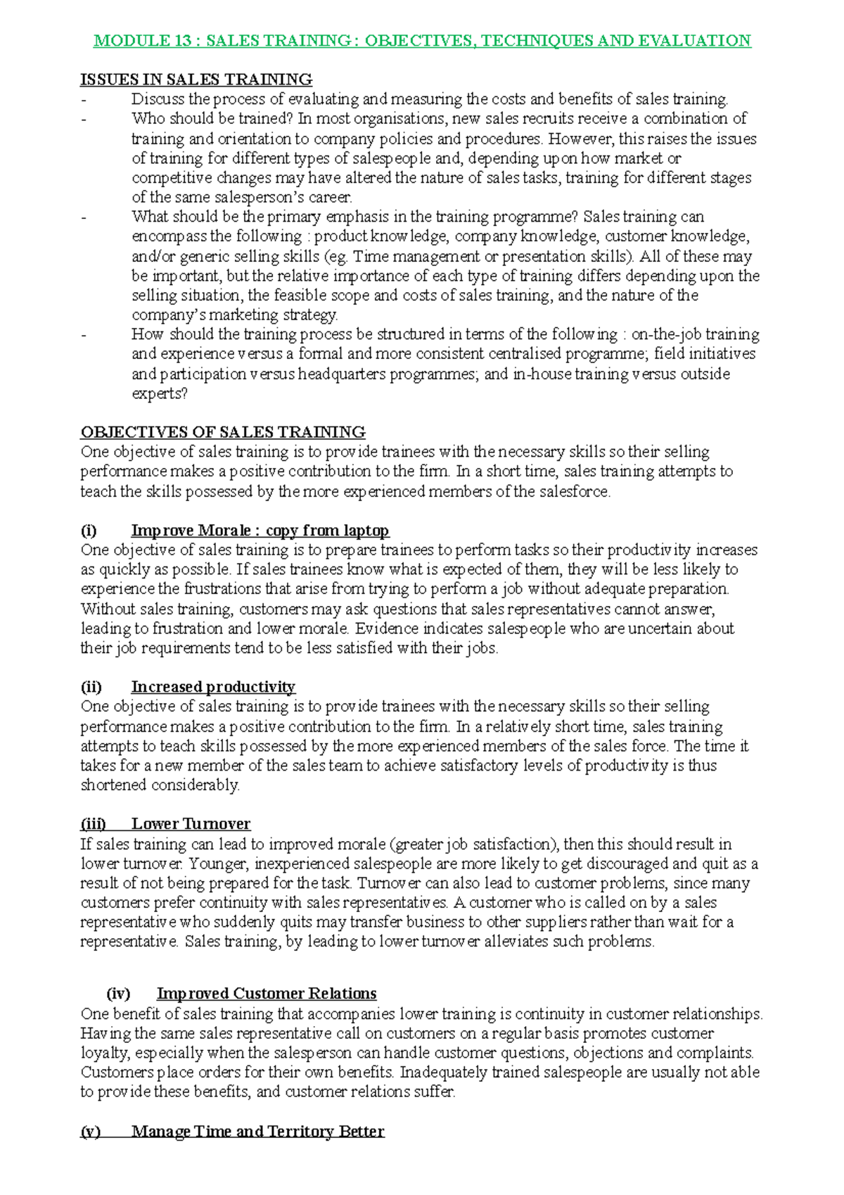 Ch13 Sales Training - MODULE 13 : SALES TRAINING : OBJECTIVES ...