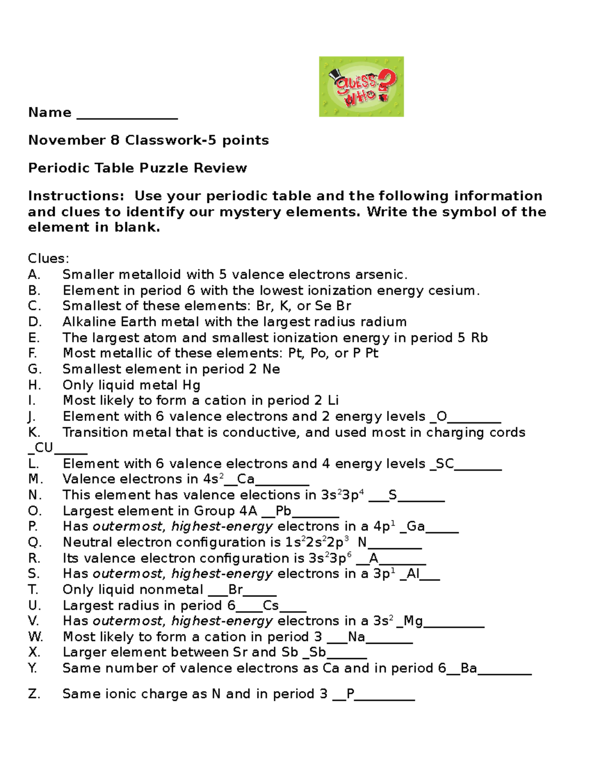 Periodic Table Puzzle Answer Key