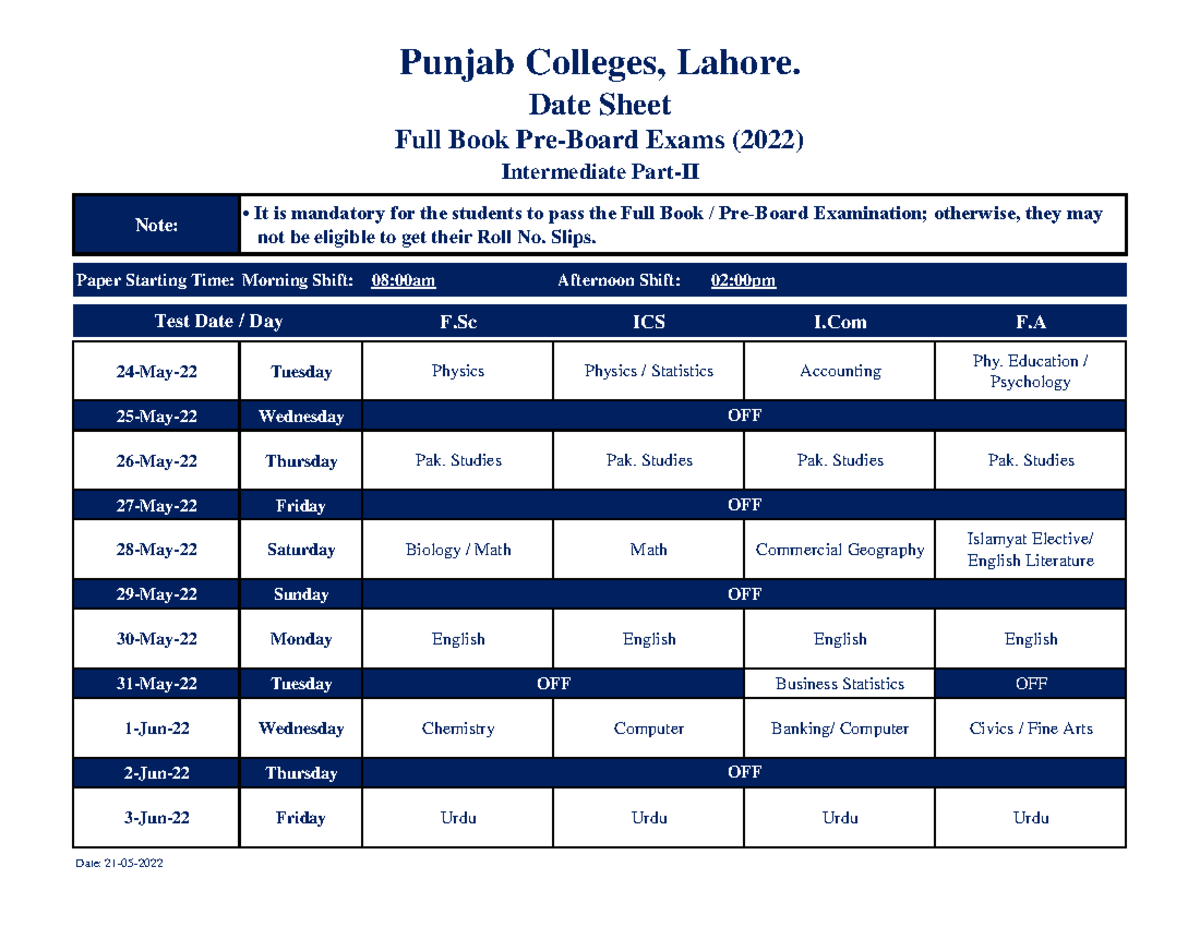 (Part-II) Date Sheet Full Book Pre-Board Exams (2022) - Note: Paper ...
