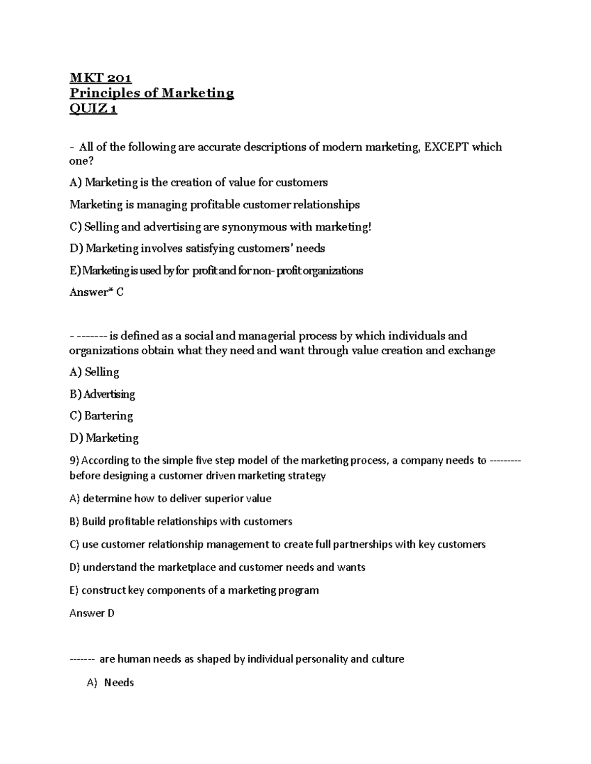 Quiz Marketing 201 - MKT 201 Principles of Marketing QUIZ 1 - All of ...