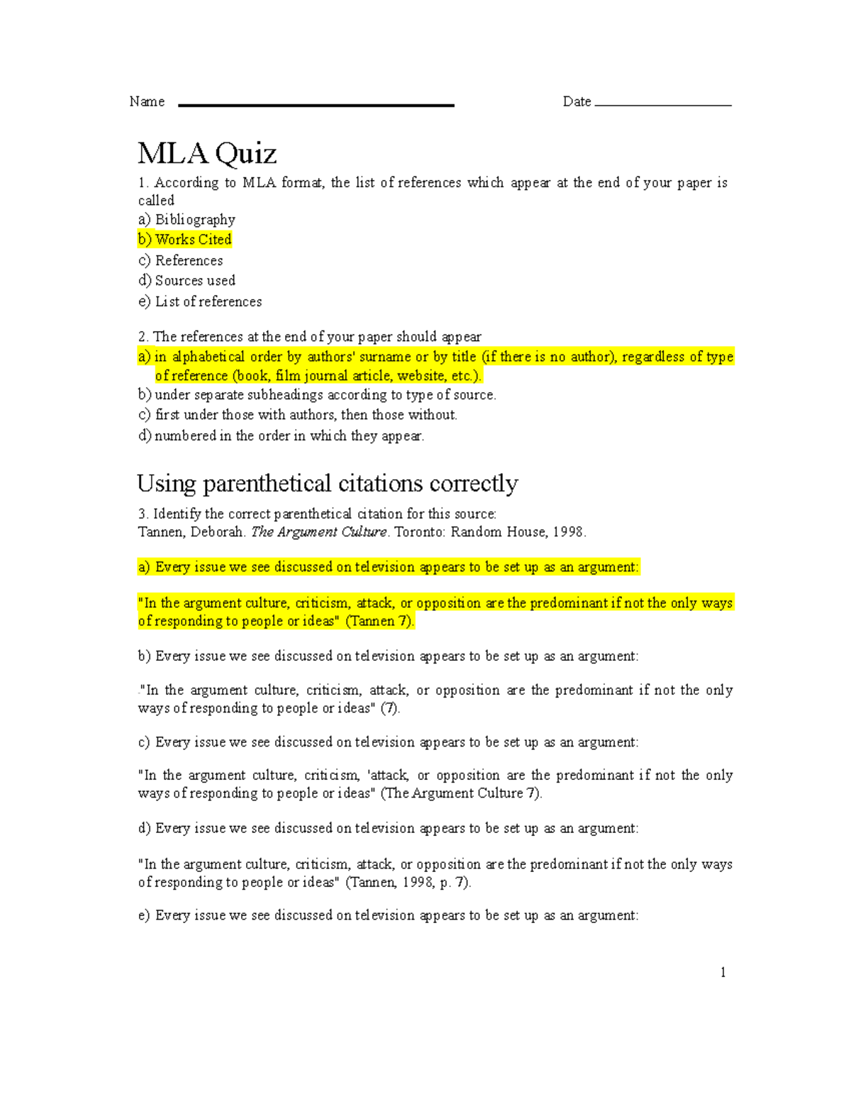 MLA quiz - ddddd - MLA Quiz According to MLA format, the list of ...
