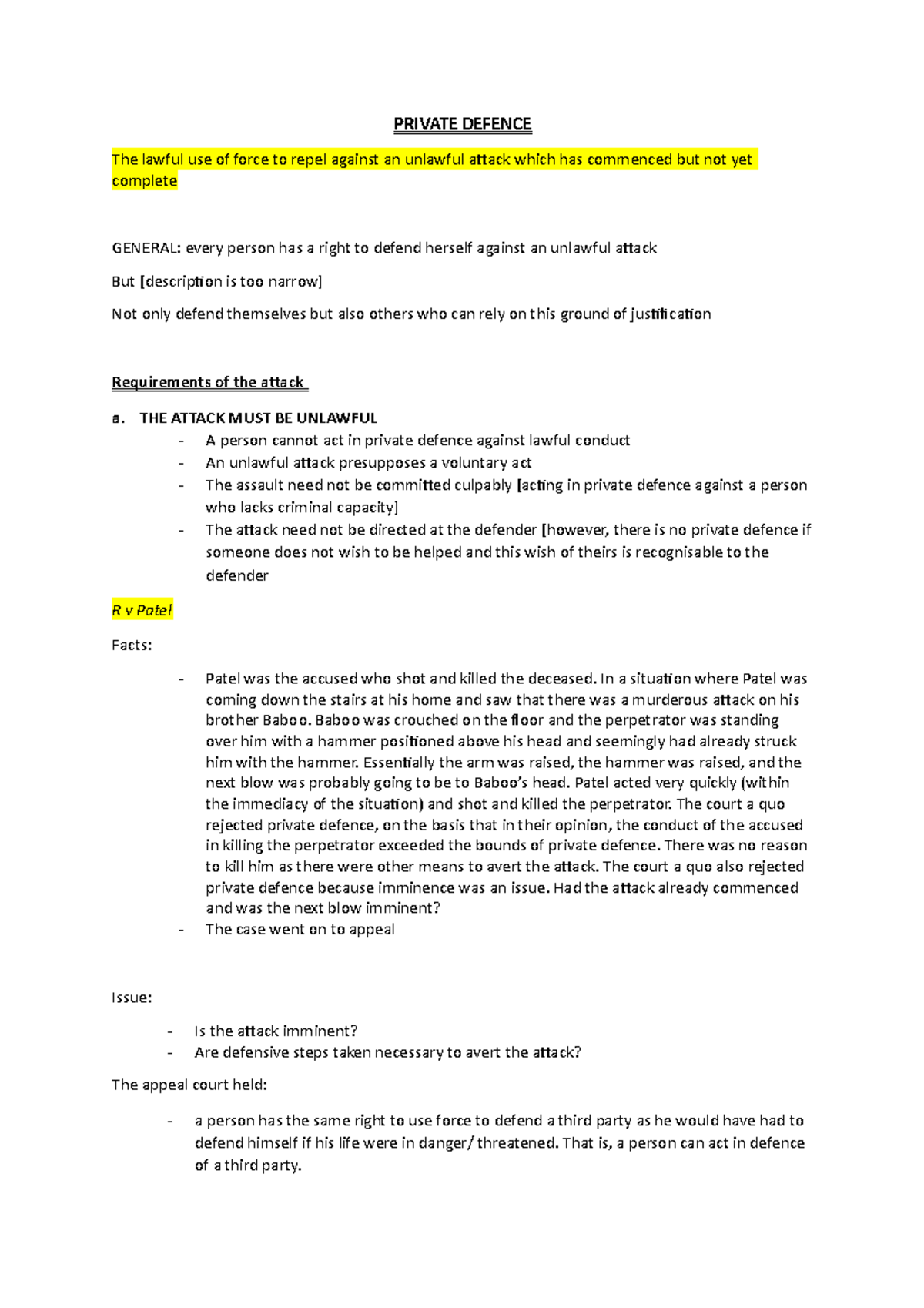 Private Defence Notes AND Cases - LAWS 2014 - Wits University - Studocu