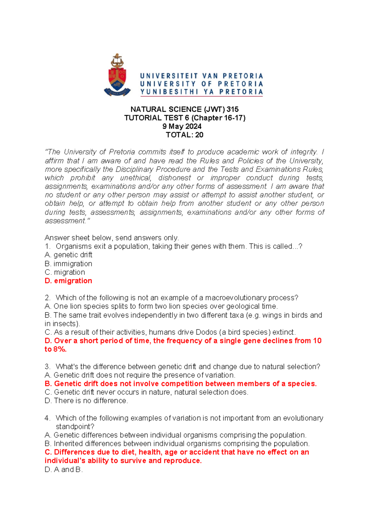 Class Test 6 9 May 2024 MEMO - NATURAL SCIENCE (JWT) 315 TUTORIAL TEST ...