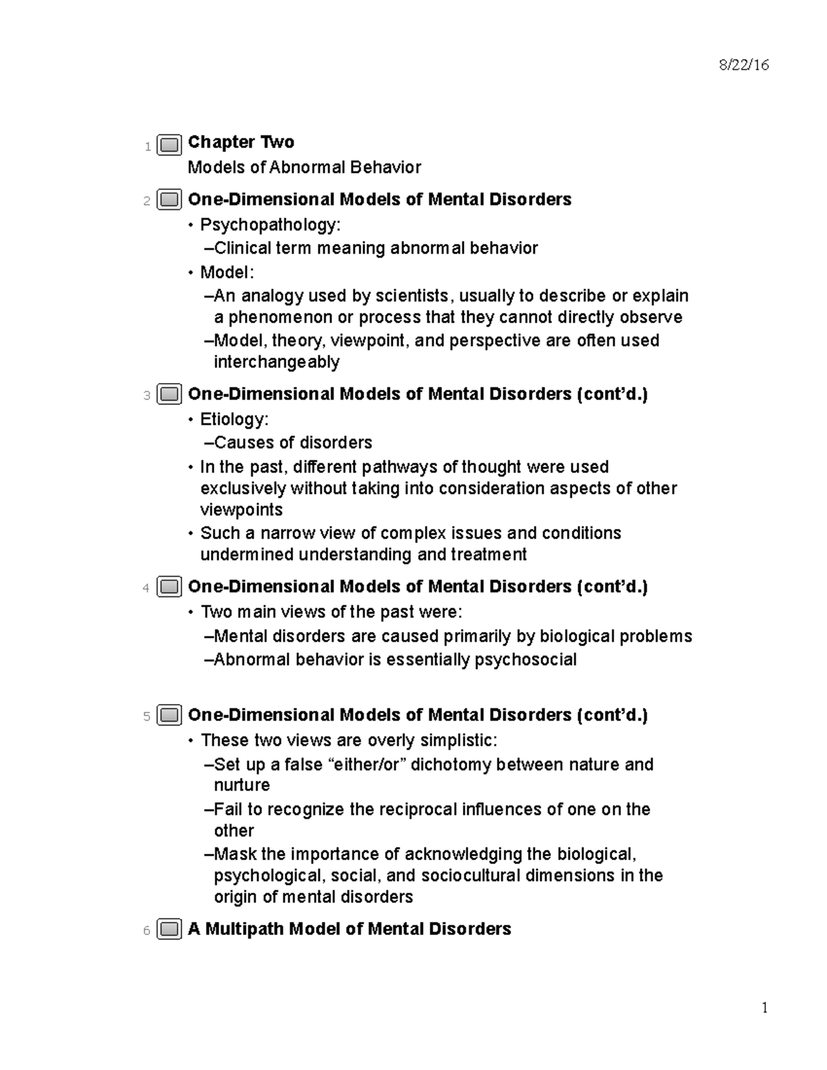 PSY3100 Models Of Abnormality - Student Outline - 8/22/16 1 Chapter Two ...