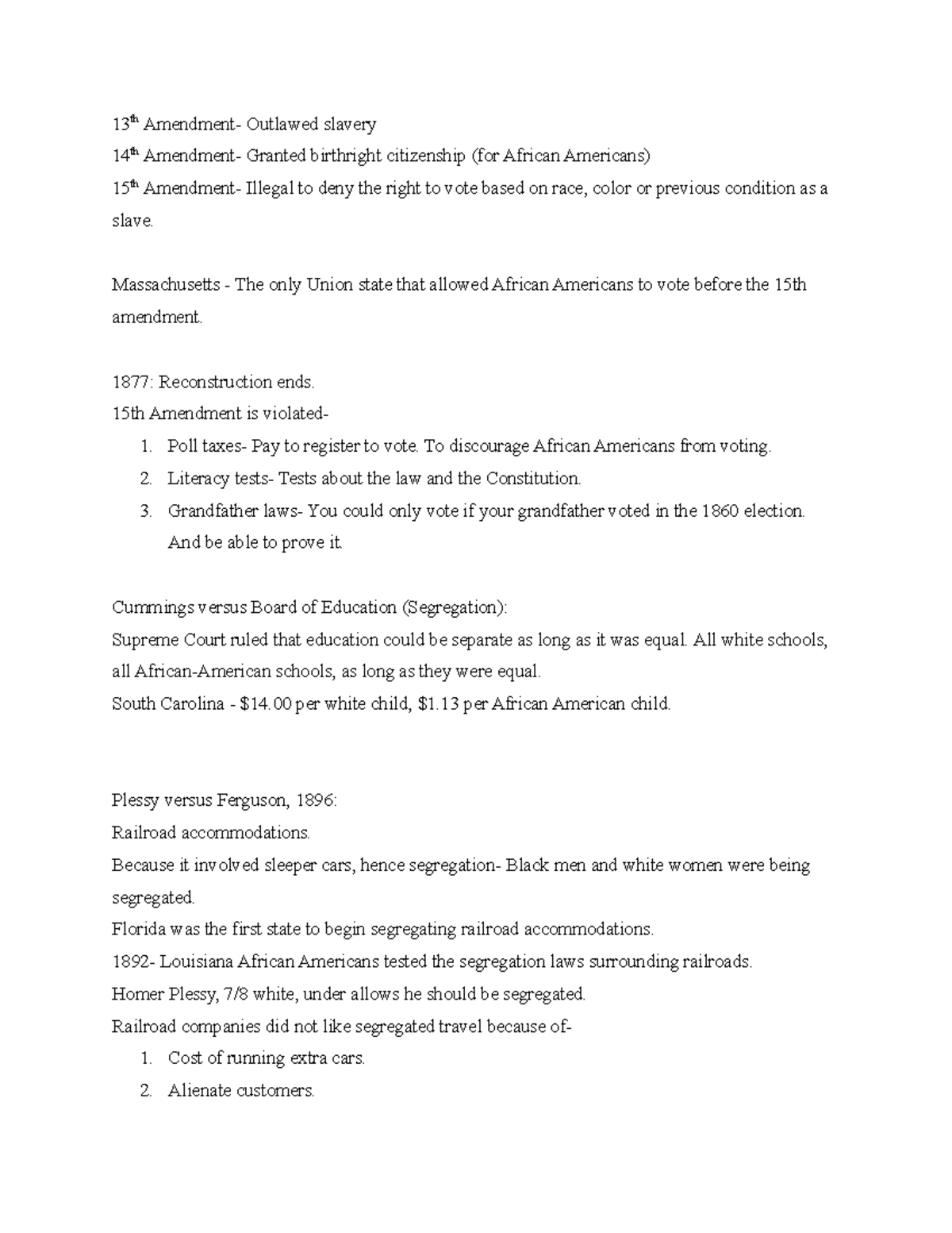 Reconstruction 2 - History notes - 13 th Amendment- Outlawed slavery 14 ...
