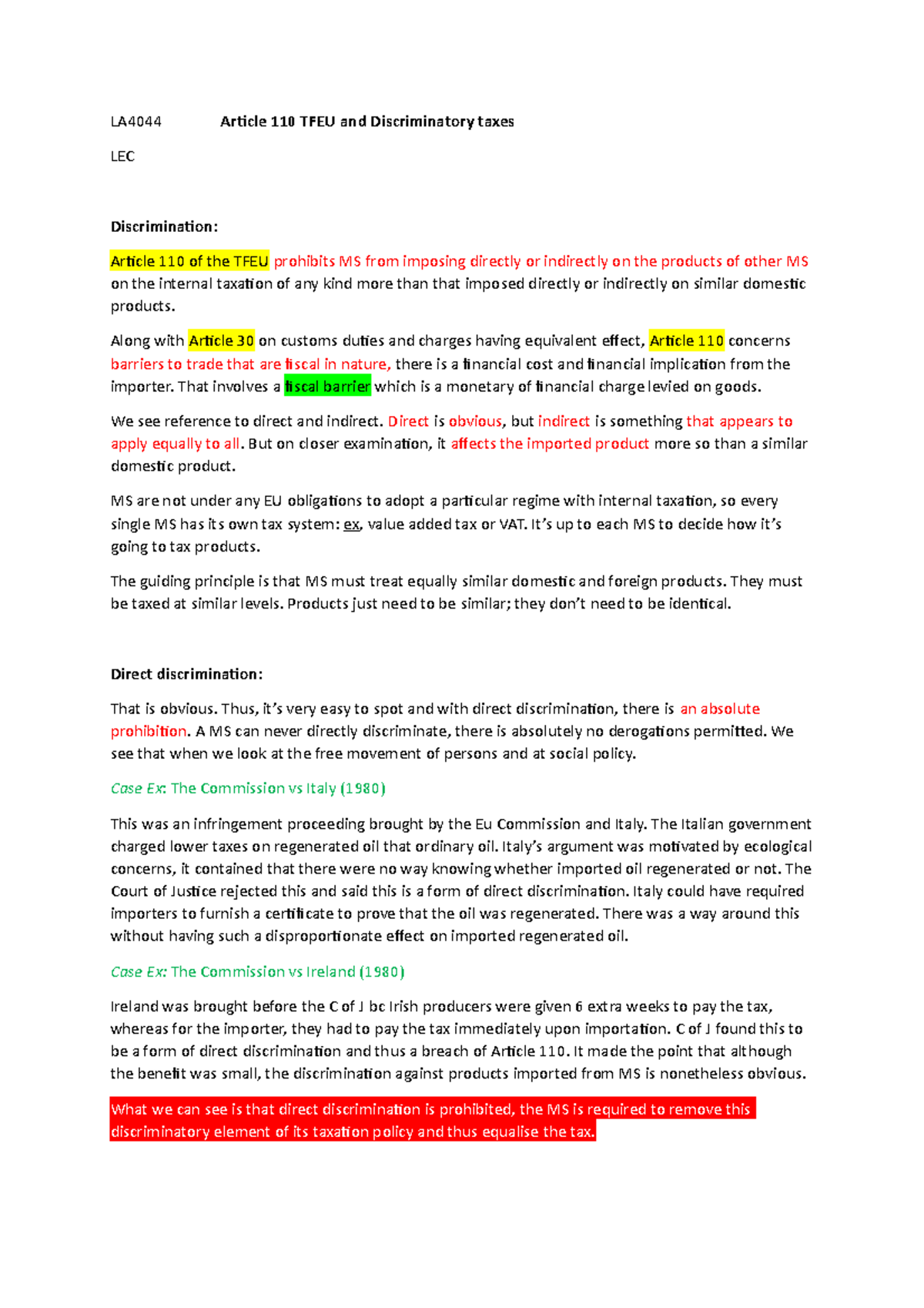 Article 110 TFEU and Discriminatory taxes - Along with Article 30 on ...