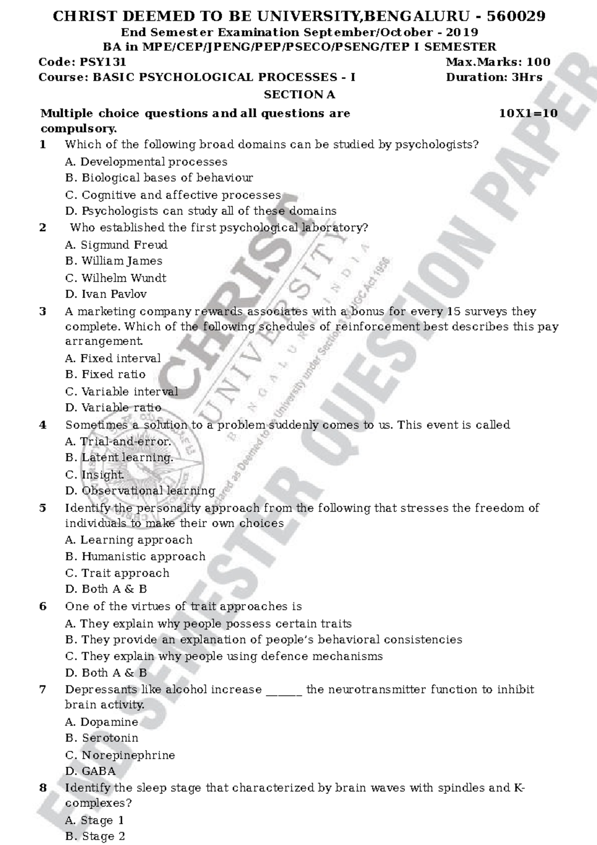 PSY131 - BASIC PSYCHOLOGICAL PROCESSES - CHRIST DEEMED TO BE UNIVERSITY,BENGALURU - 560029 End ...