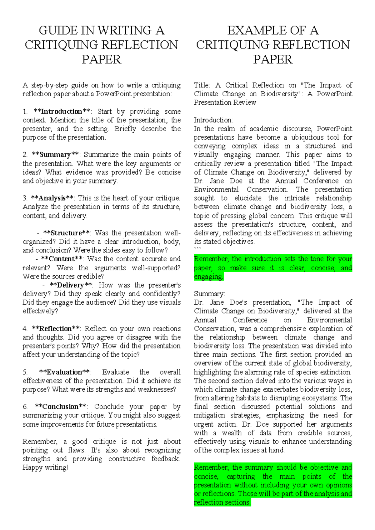 Guide IN Writing A Critiquing Reflection Paper - GUIDE IN WRITING A ...