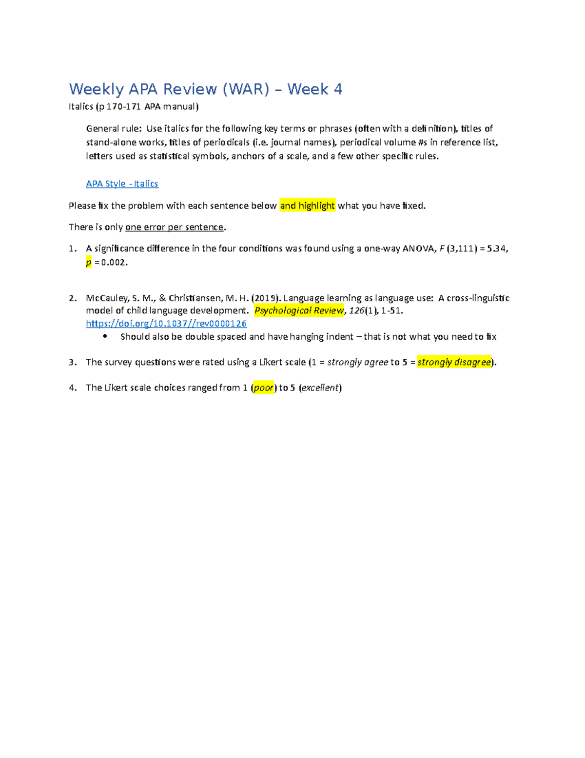 Weekly APA Review - Week 4 - Weekly APA Review (WAR) – Week 4 Italics ...