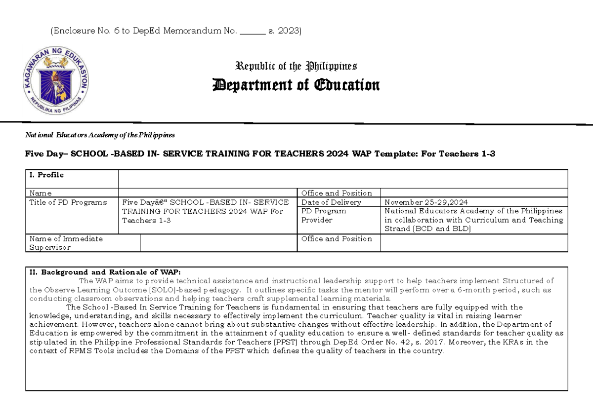 WAP Template 1 For Teachers I-III - (Enclosure No. 6 to DepEd ...