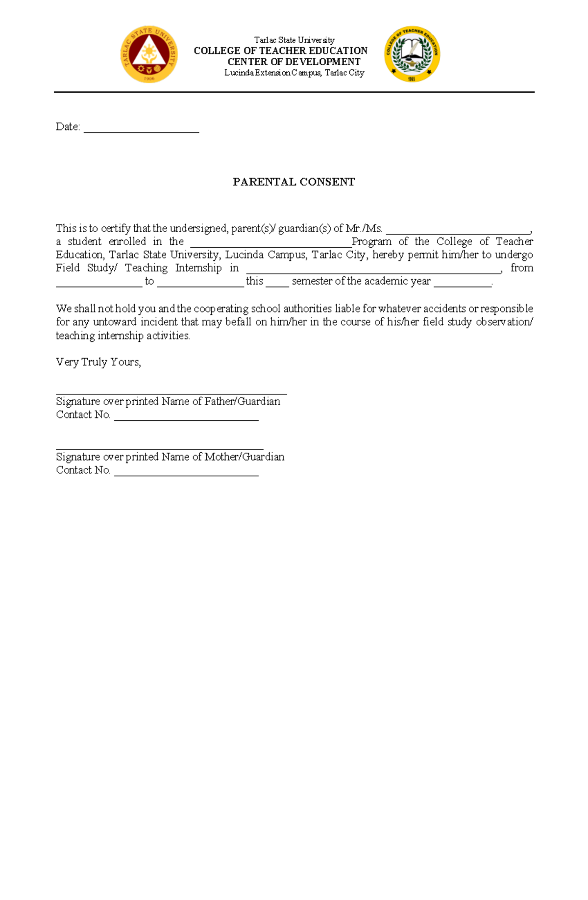 Parental-Permit - Permit - Tarlac State University COLLEGE OF TEACHER ...