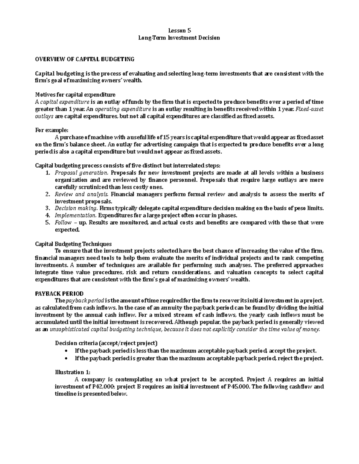 Lesson-5 Long term investment decisions - Lesson 5 Long-Term Investment ...