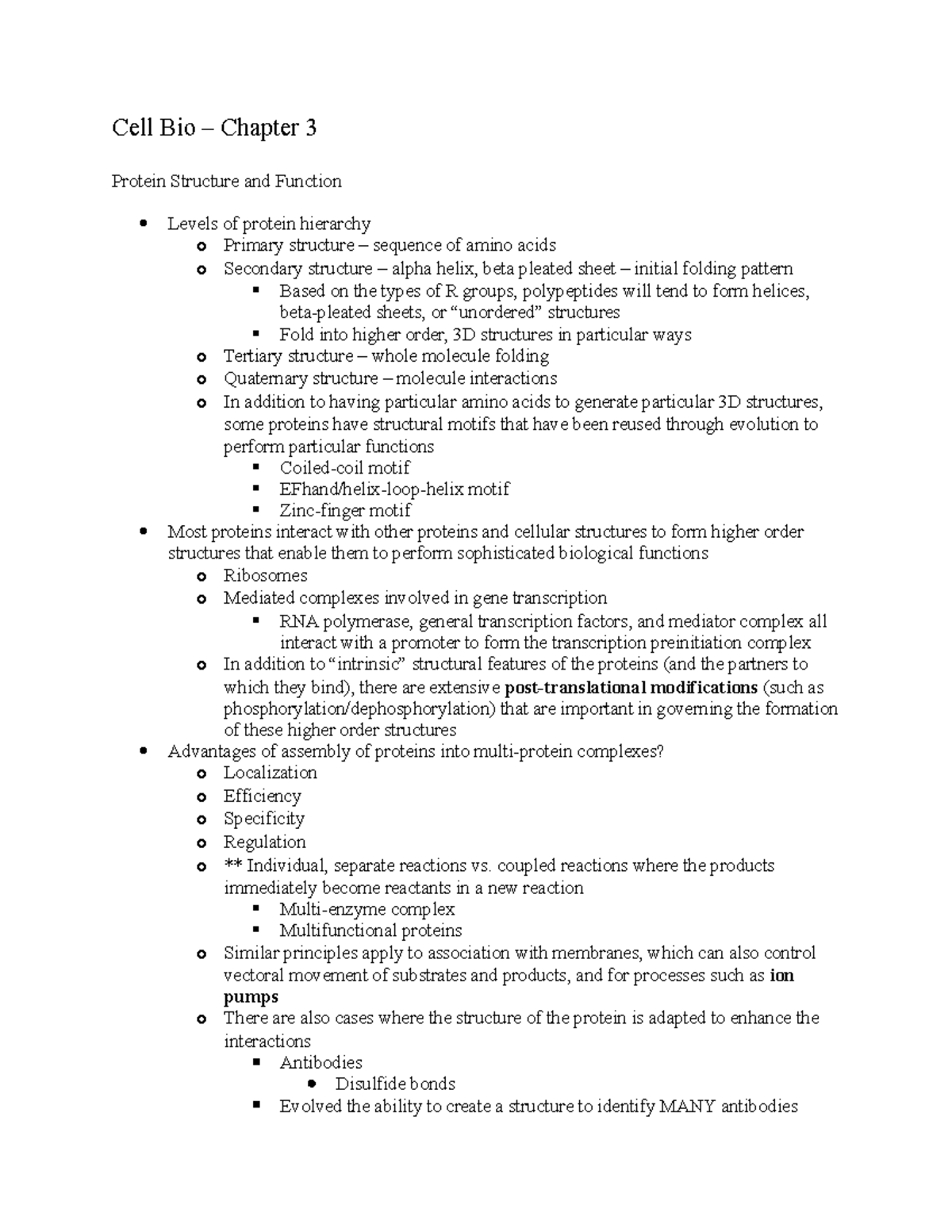 Molec Cell Bio Chapter 3 - Cell Bio Chapter 3 Protein Structure and Function Levels of protein ...