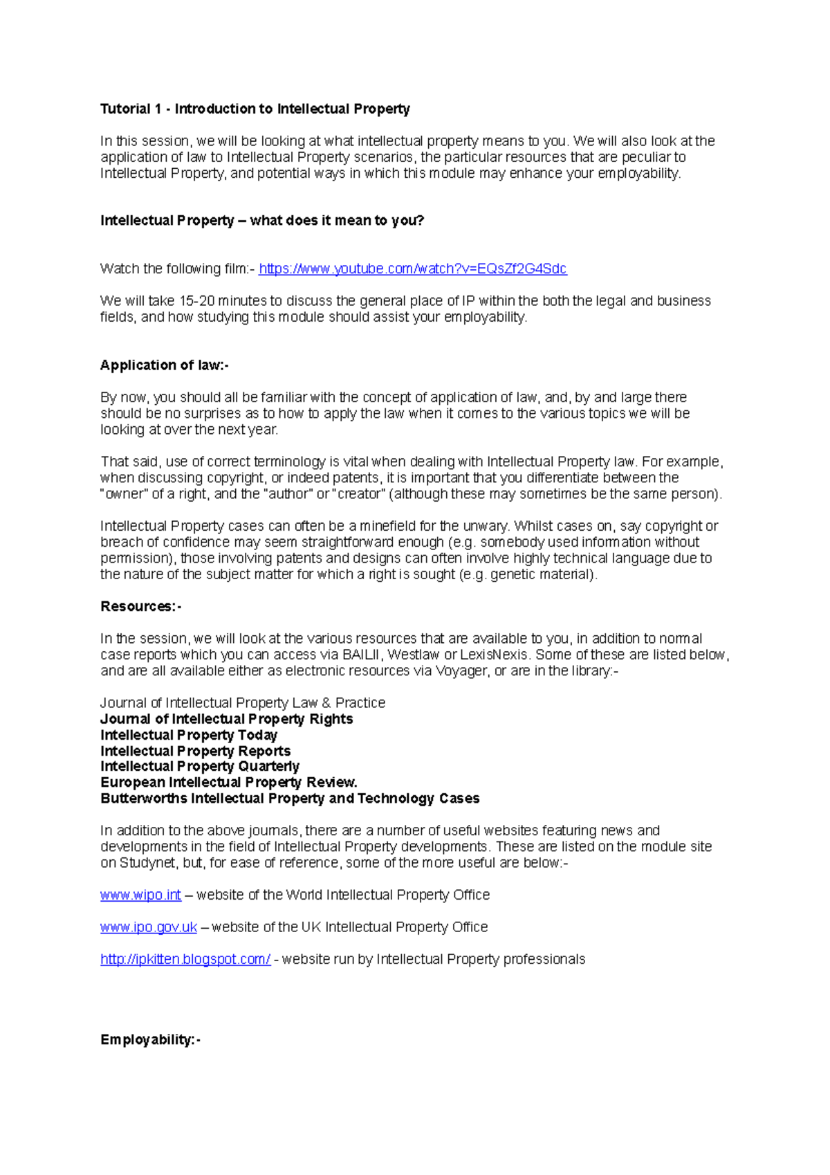 Tutorial 1 - Tutorial 1 - Introduction to Intellectual Property In this ...