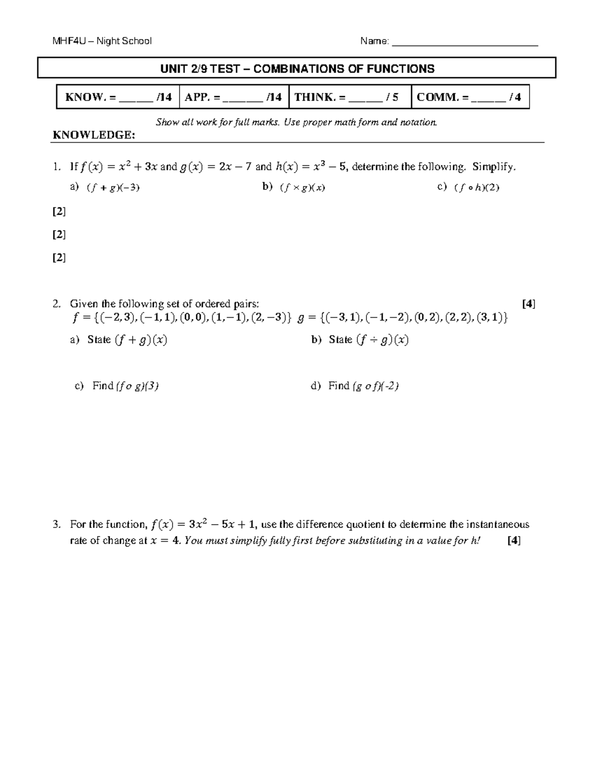 MHF4U Unit 9 Test- Night School - UNIT 2/9 TEST – COMBINATIONS OF ...