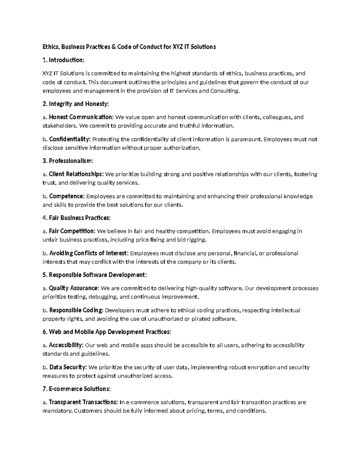 Sample-COE - Summary professional ethics - Ethics, Business Practices ...