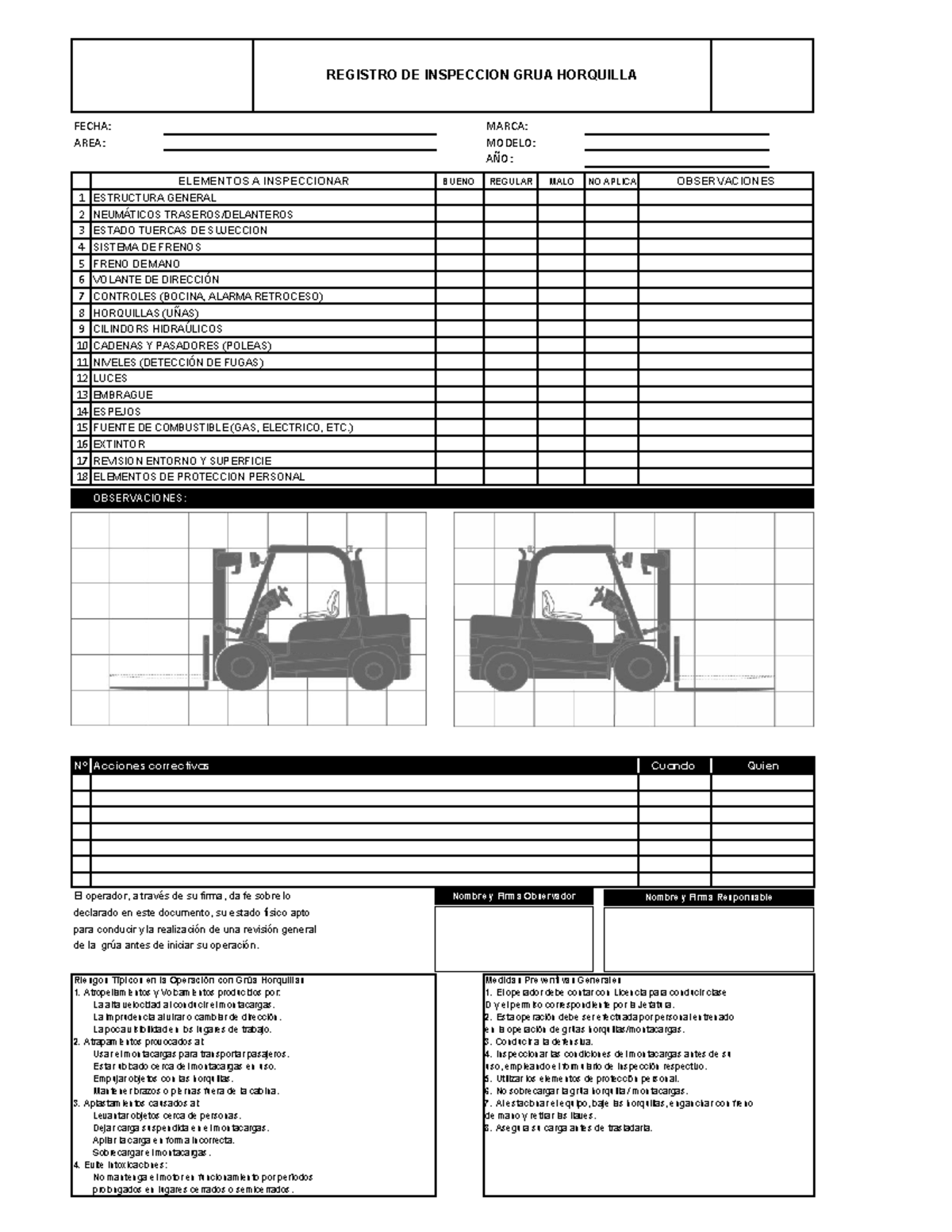 Check -LIST GRUA- Horquilla - FECHA: MARCA: AREA: MODELO: AÑO: BUENO ...
