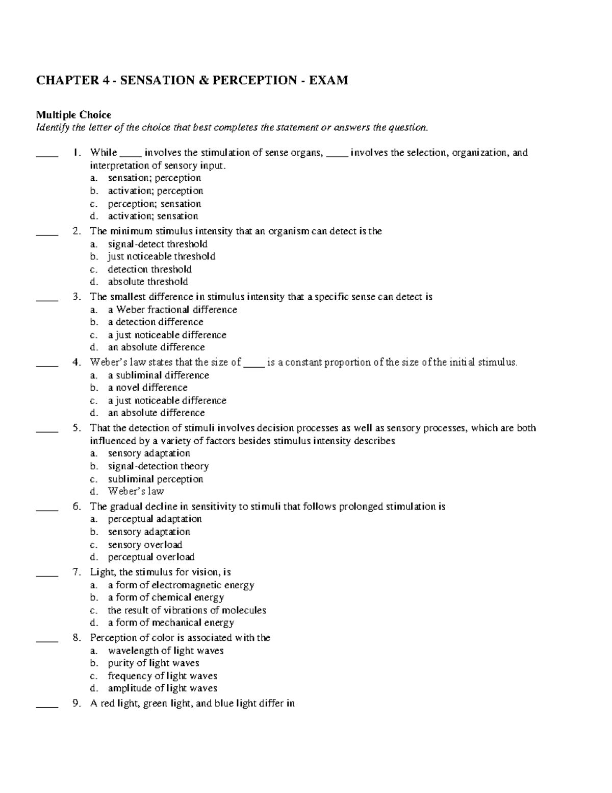 Sensation and perception question paper - CHAPTER 4 - SENSATION & PERCEPTION - EXAM Multiple ...