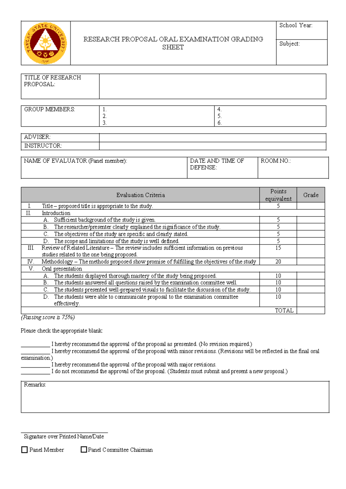 Grading- Sheet - RESEARCH PROPOSAL ORAL EXAMINATION GRADING SHEET ...