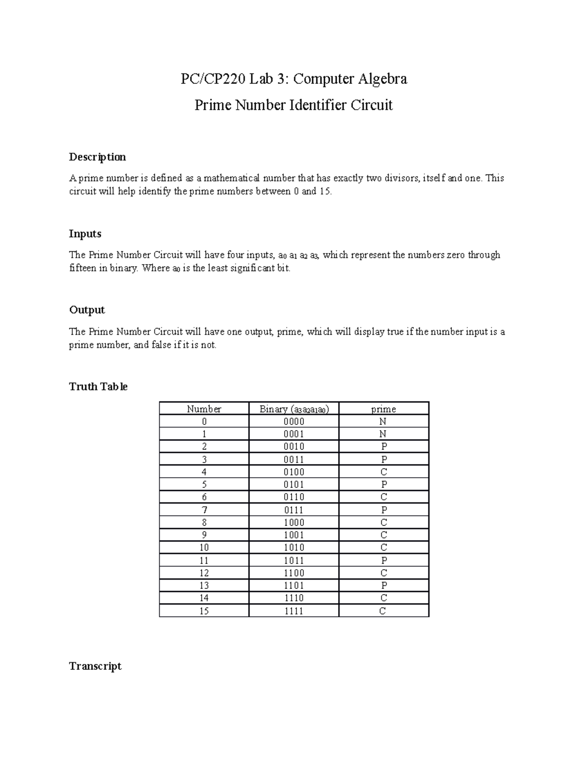 220 lab3 - Lab work - PC/CP220 Lab 3: Computer Algebra Prime Number Identifier Circuit ...