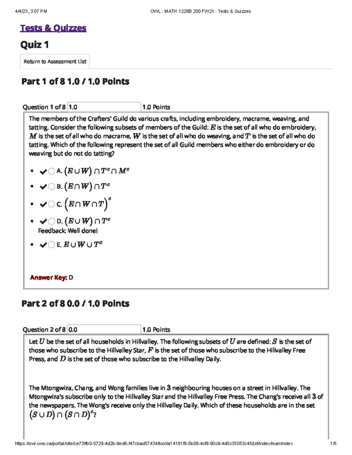 Math Quiz 1 V2- answers - Tests & Quizzes Quiz 1 Return to Assessment ...