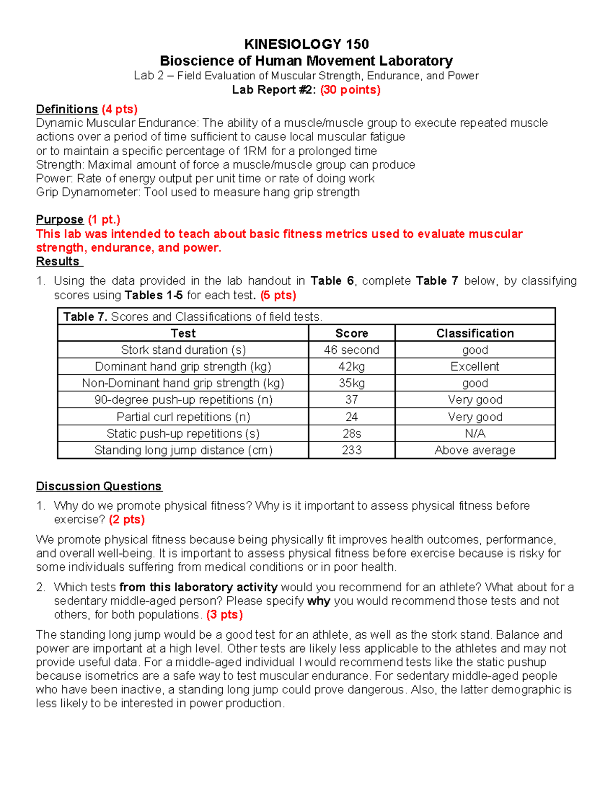 KIN150 Lab2 - rough draft lab 2 - KINESIOLOGY 150 Bioscience of Human Movement Laboratory Lab 2 ...
